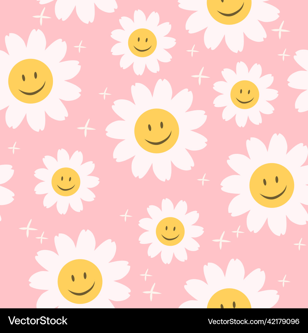 70s cute seamless smiling daisy repeat pattern Vector Image