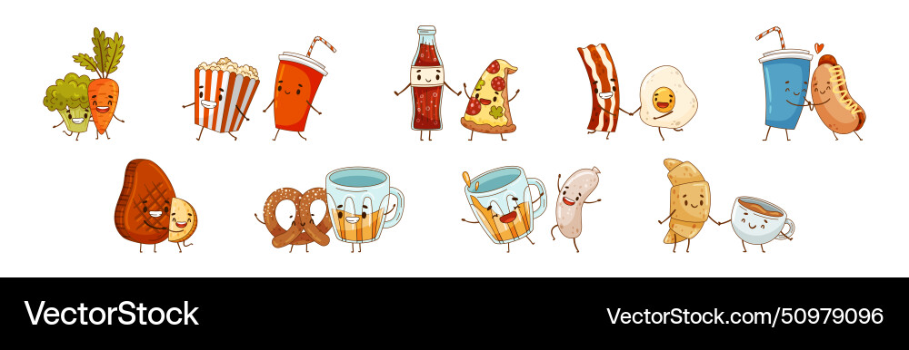 Cute food couple with smiling face set Royalty Free Vector