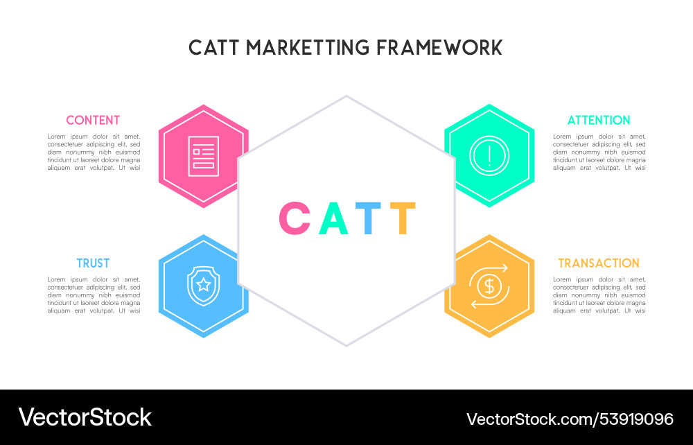 Hexagonal catt marketing framework infographic Vector Image
