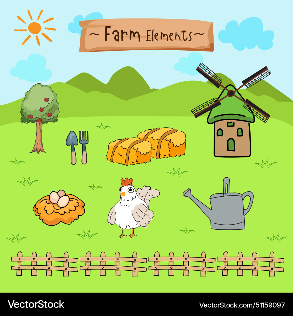 A farm with set of tools Royalty Free Vector Image