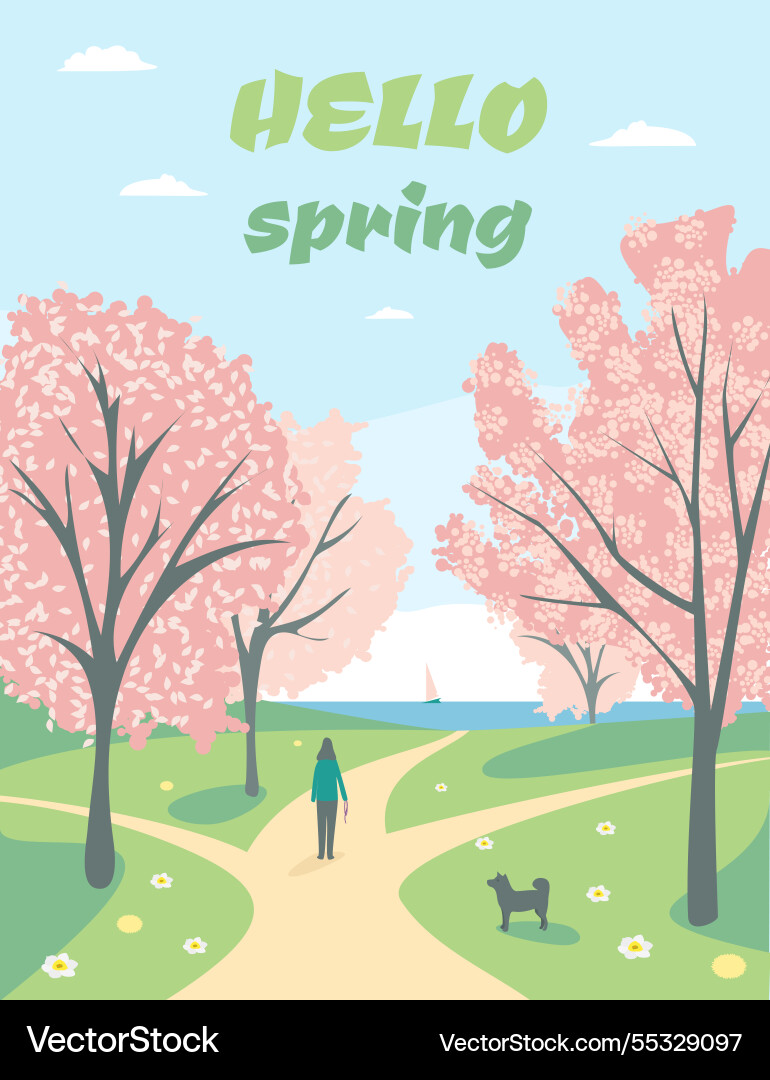 Cartoon color hello spring placard poster card Vector Image