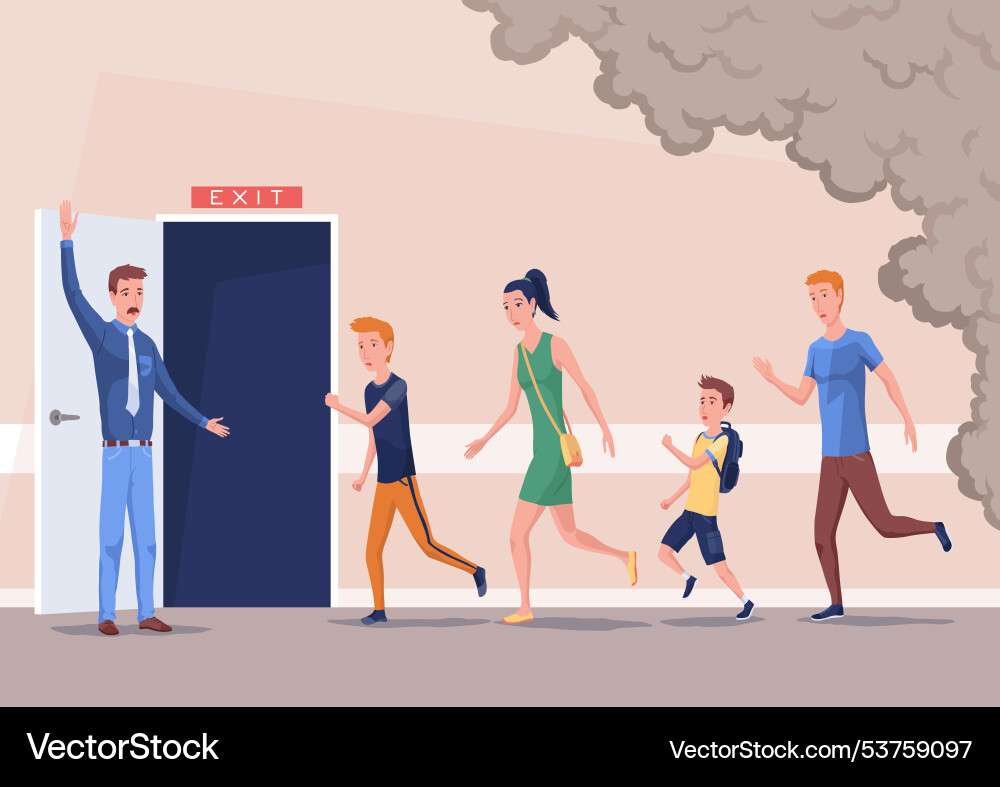 Pupils evacuation from school building flat color Vector Image