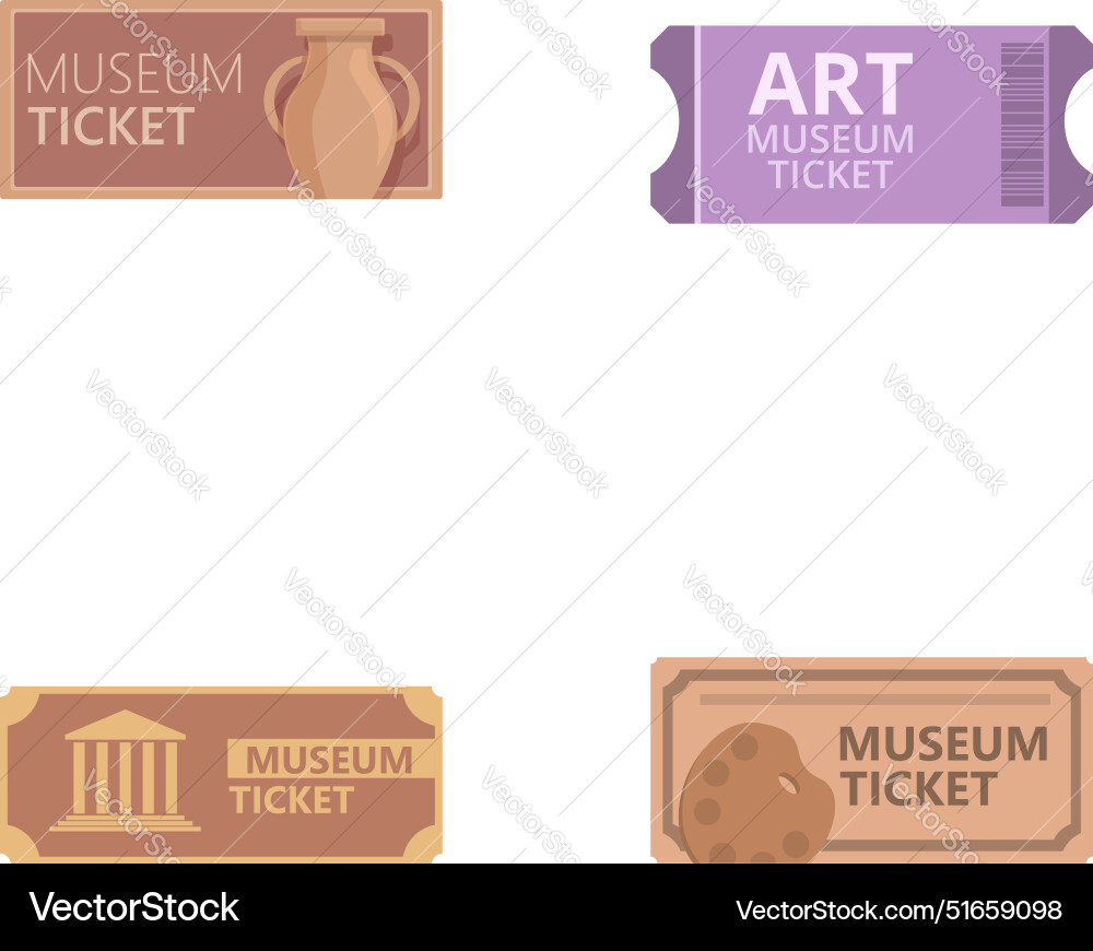 Art museum icons set cartoon ticket Royalty Free Vector