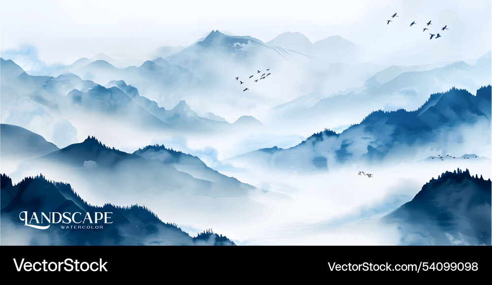 Blue misty mountains with gentle slopes and flock Vector Image
