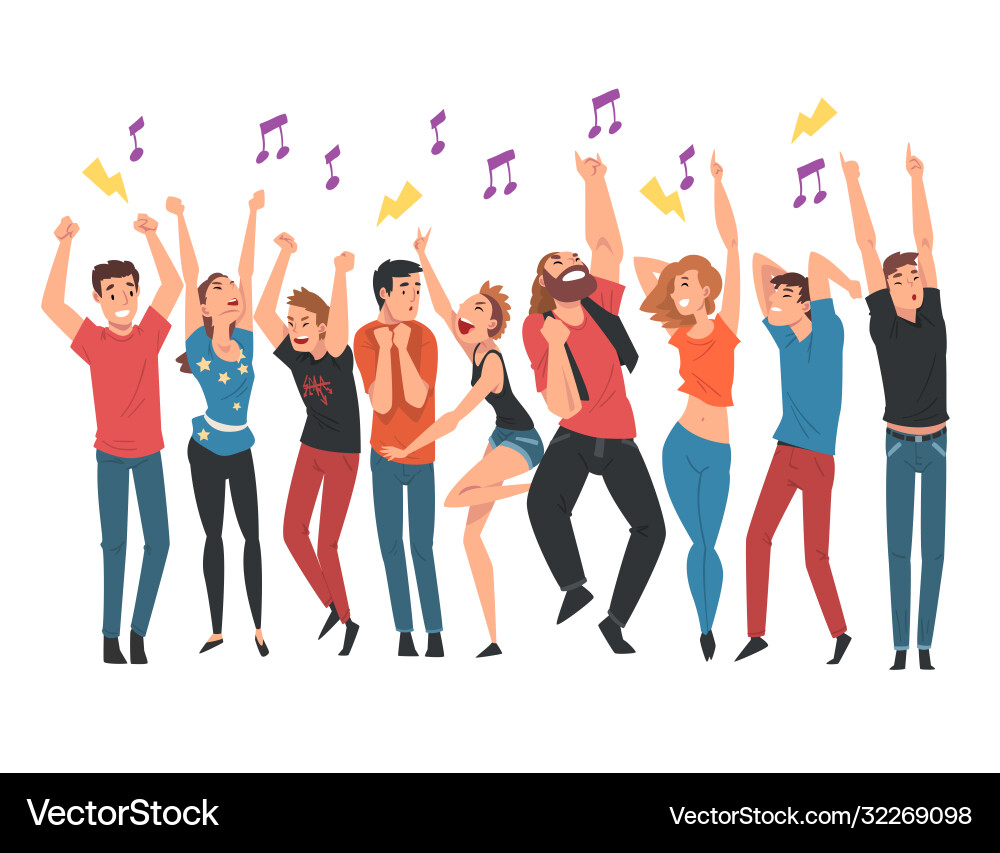 Crowd young people dancing and singing along Vector Image