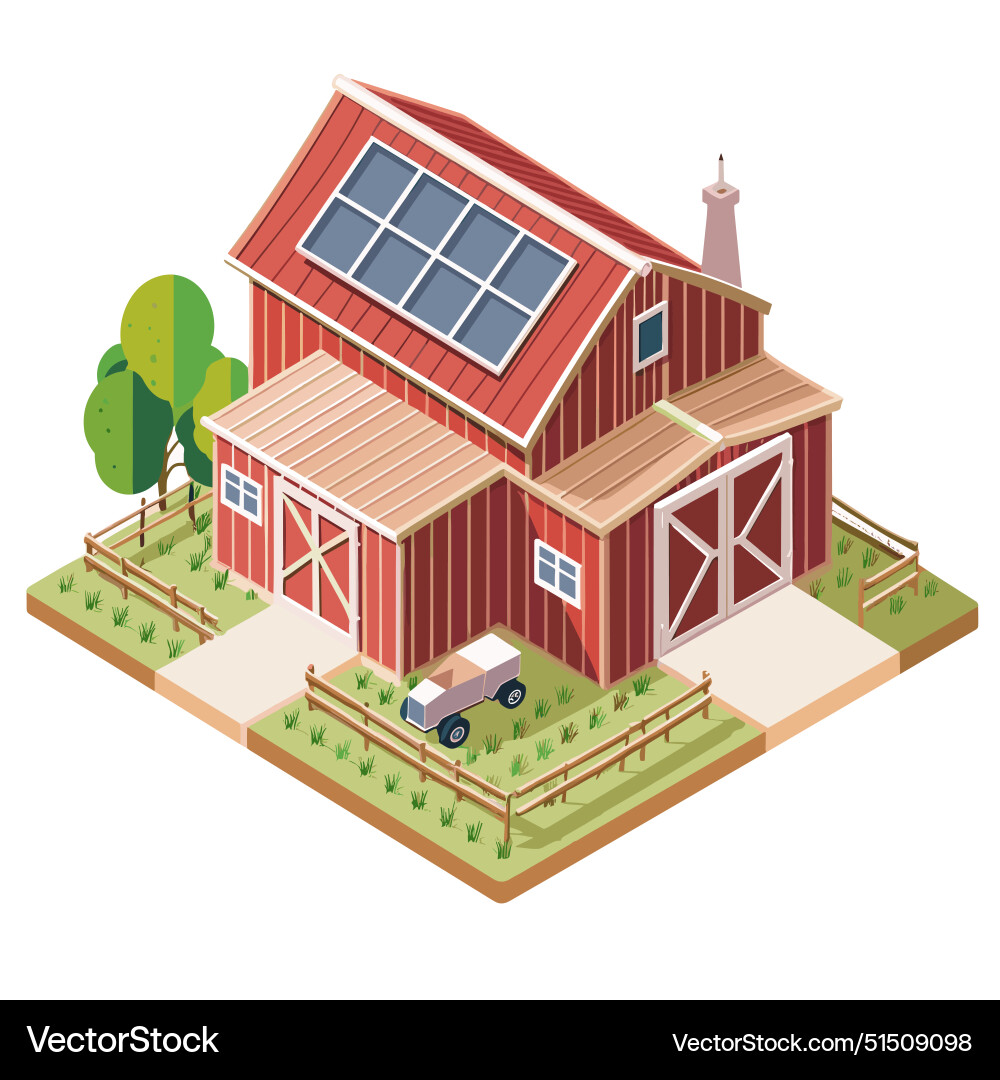 Isometric red barn green details surrounded fence Vector Image