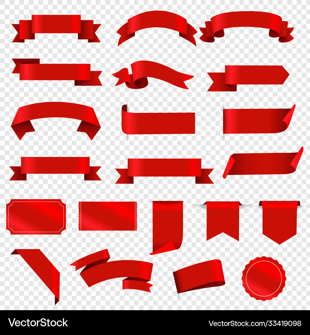 Red labels and ribbon set transparent background Vector Image