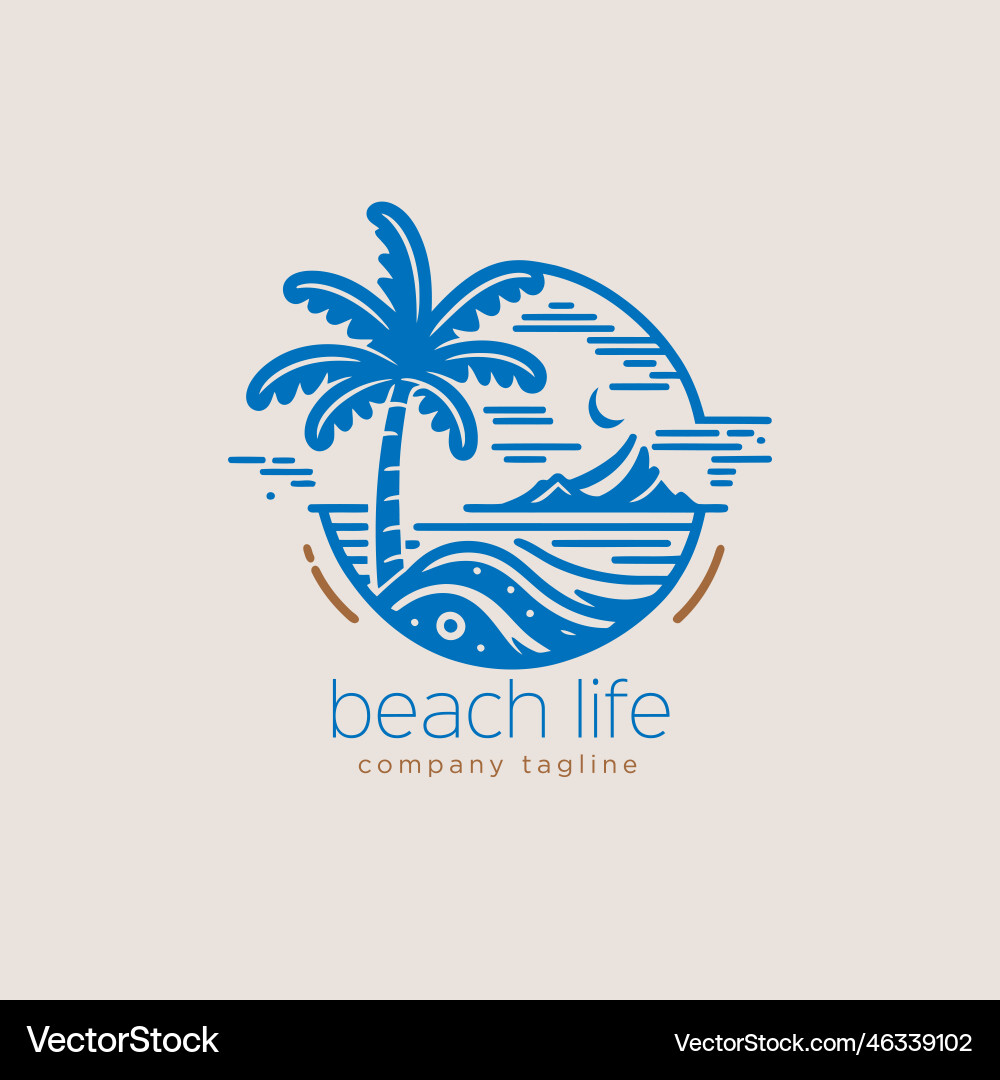 Beach line logo template with palm tree and waves Vector Image