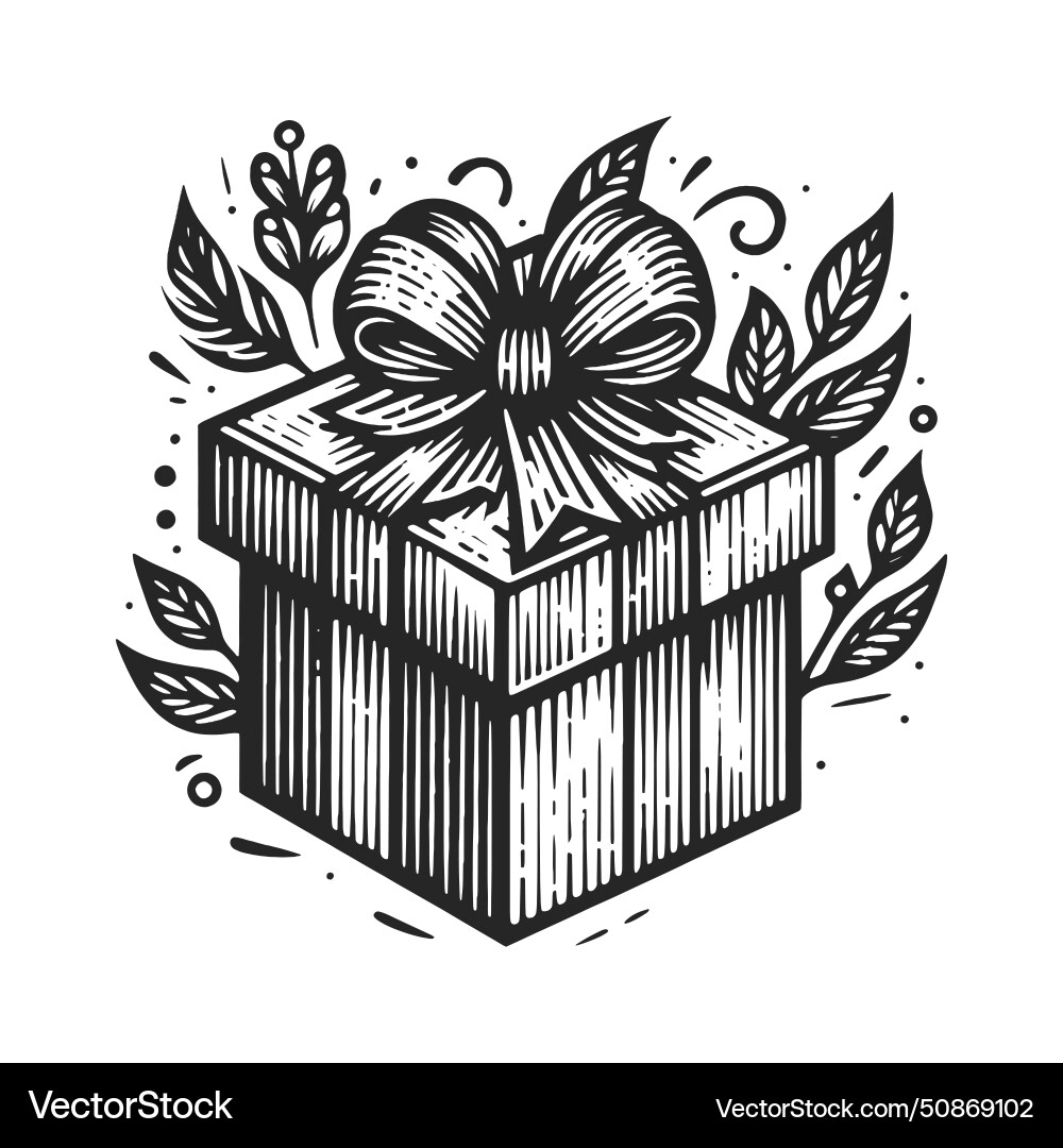 Christmas gift box with botanical engraving Vector Image