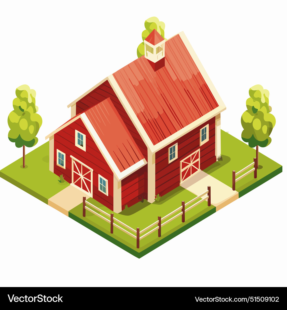 Isometric red barn surrounded green grass trees Vector Image