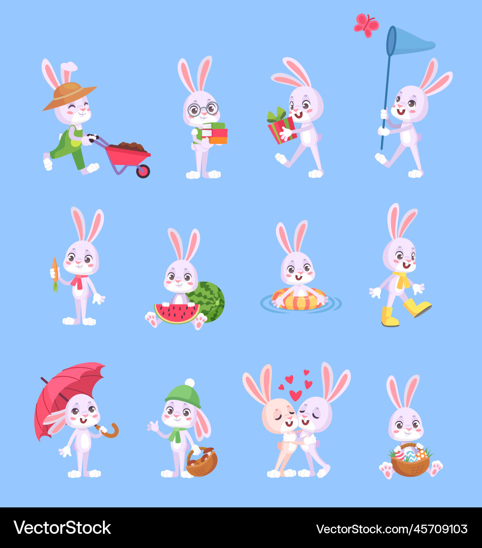 Cartoon rabbit poses hare creative pose crazy Vector Image