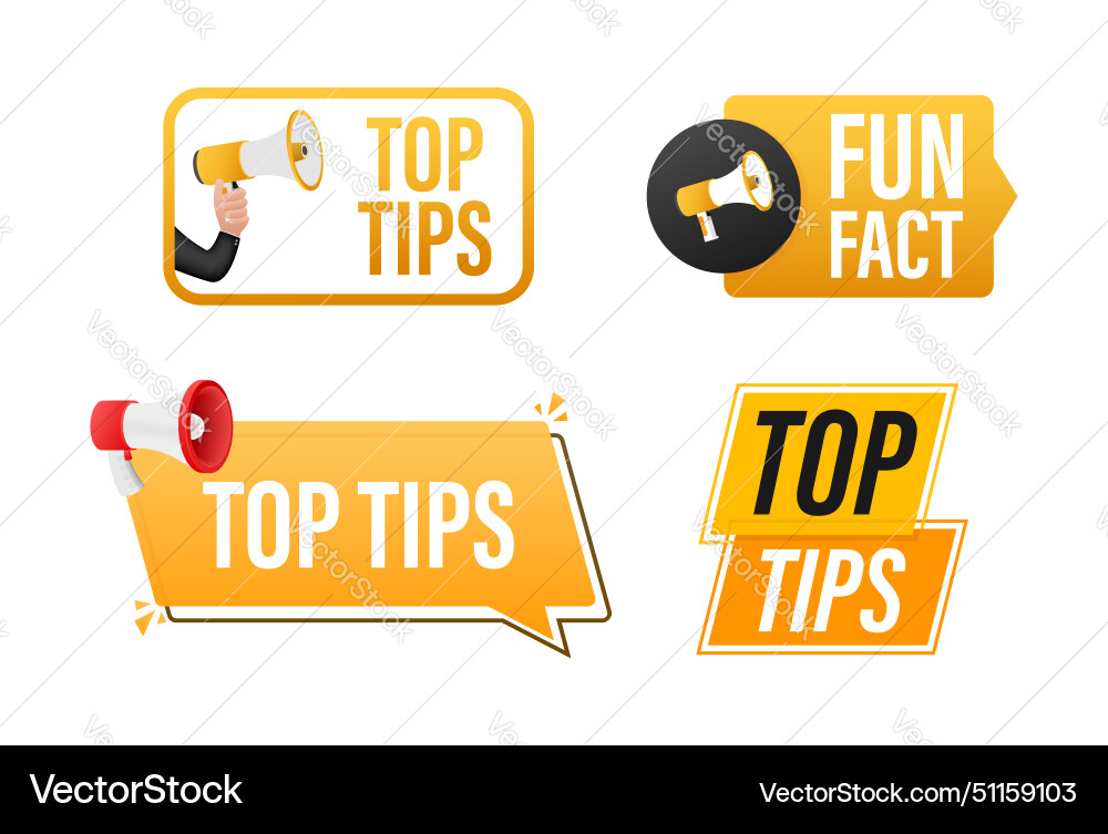 Top tips text with megaphone label set Royalty Free Vector