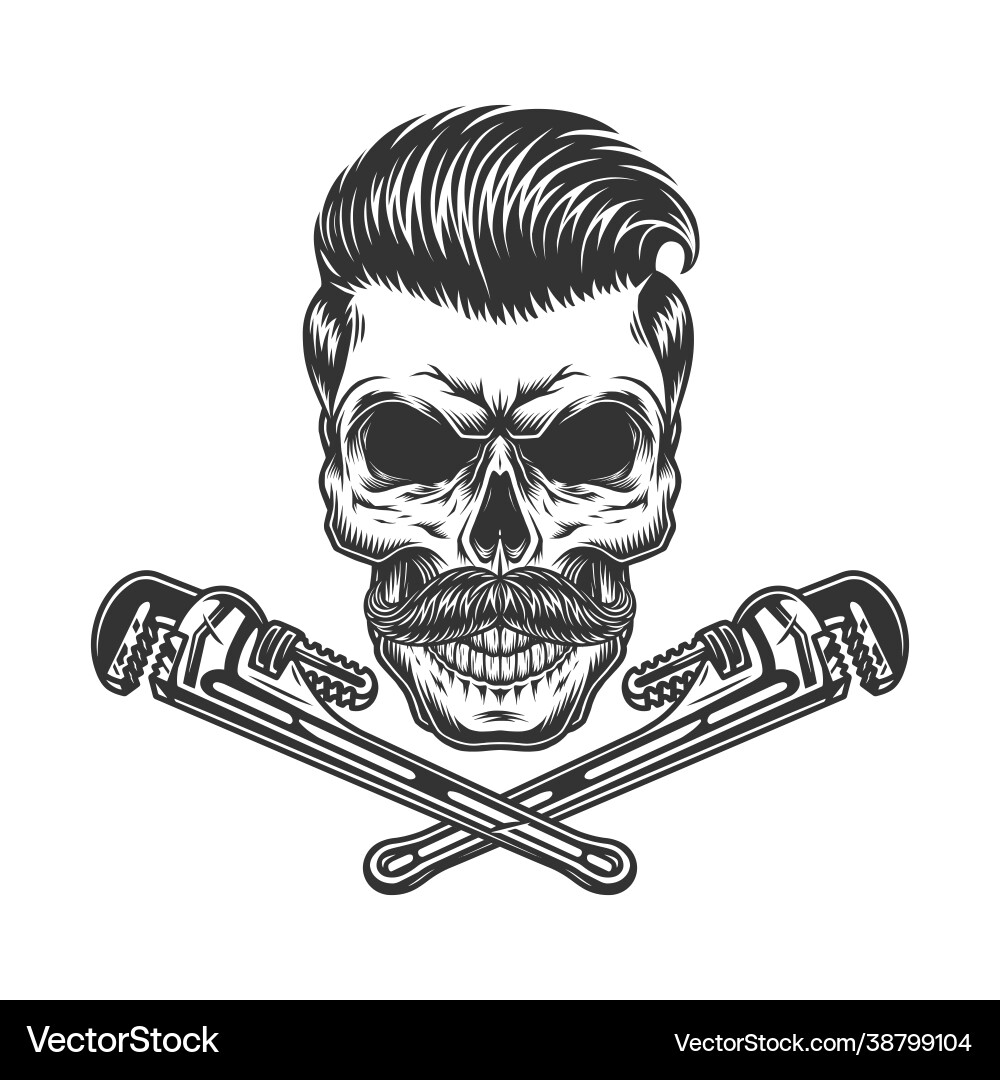 Crossed pipe wrenches and mustached skull Vector Image