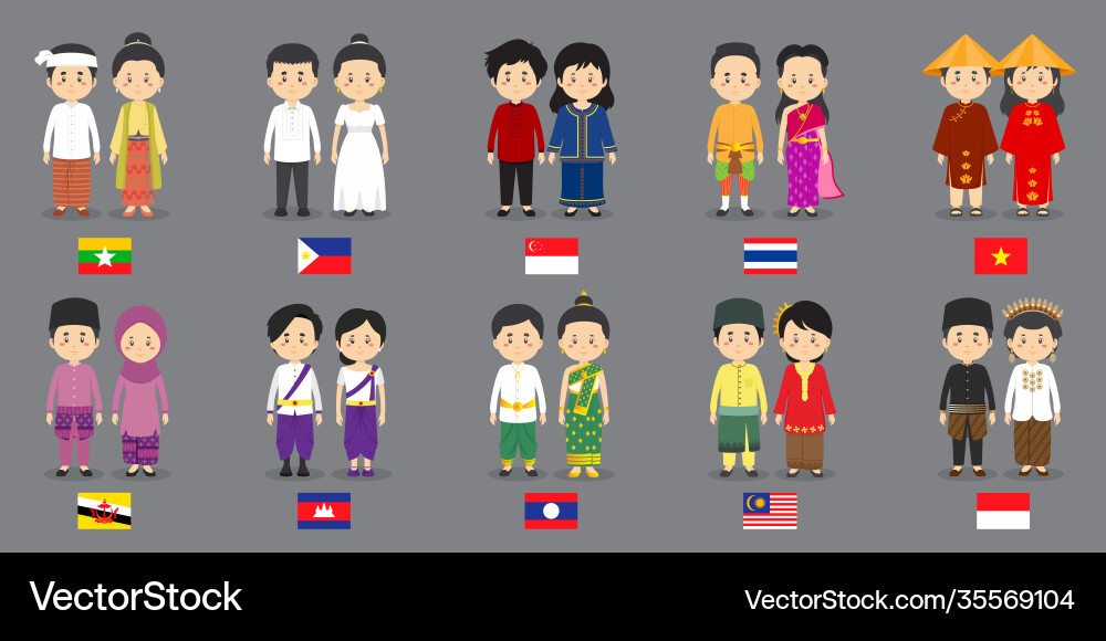 Set asean characters with traditional dress Vector Image