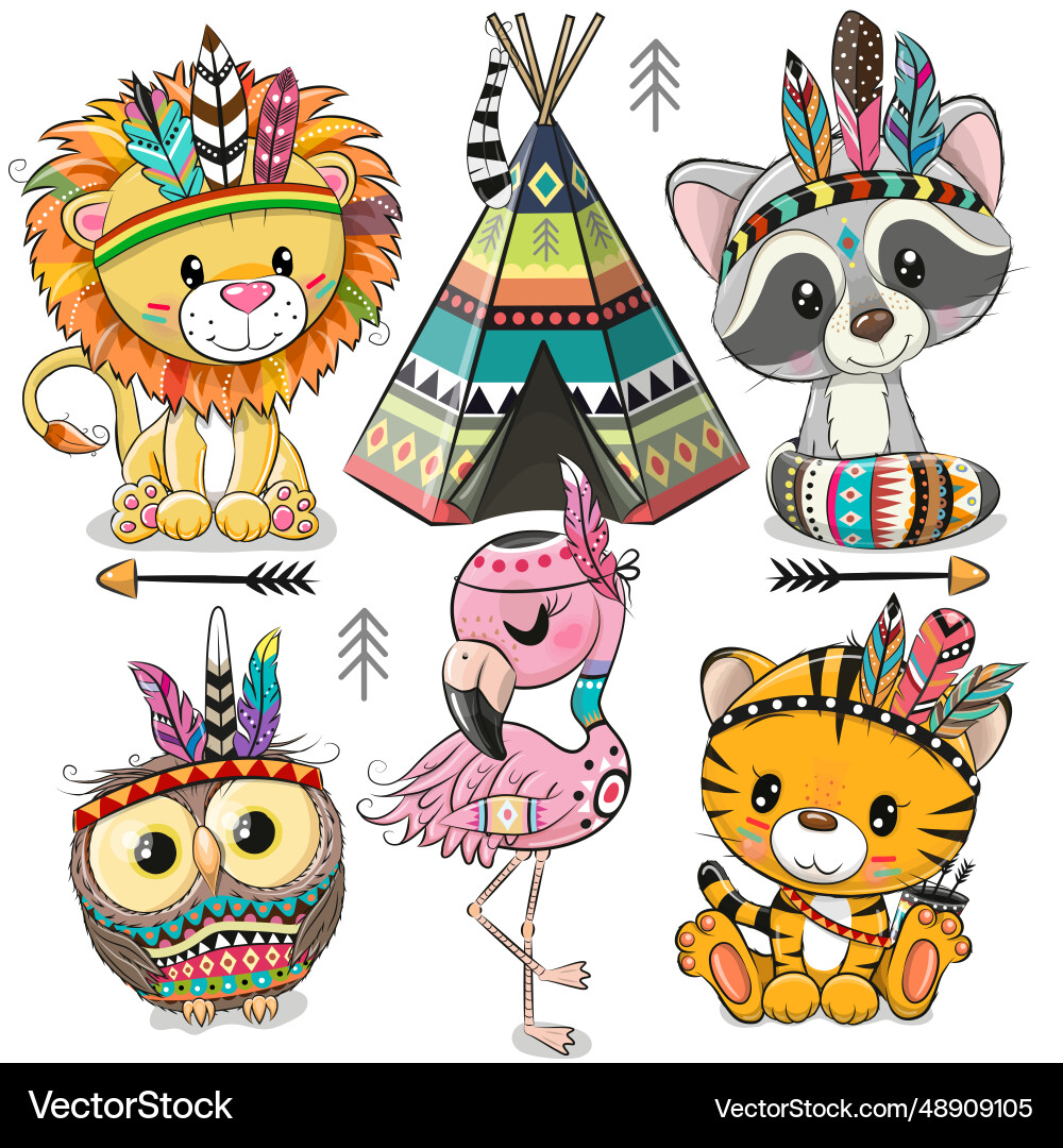 Cartoon tribal animals with feathers isolated Vector Image