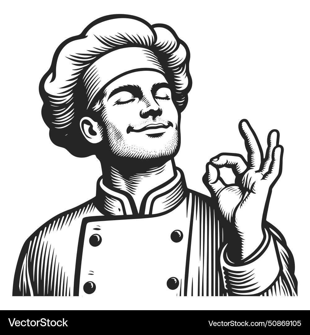 Chef gesturing perfect taste engraving Royalty Free Vector