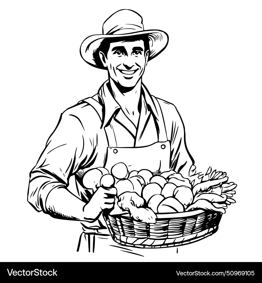 Hand-drawn sketch happy farmer farming Royalty Free Vector