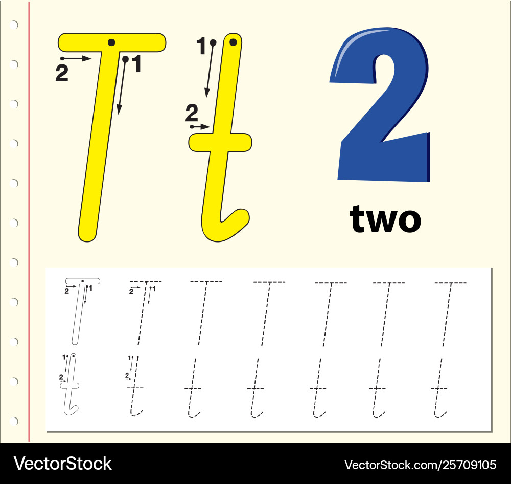 Letter t tracing alphabet worksheets Royalty Free Vector