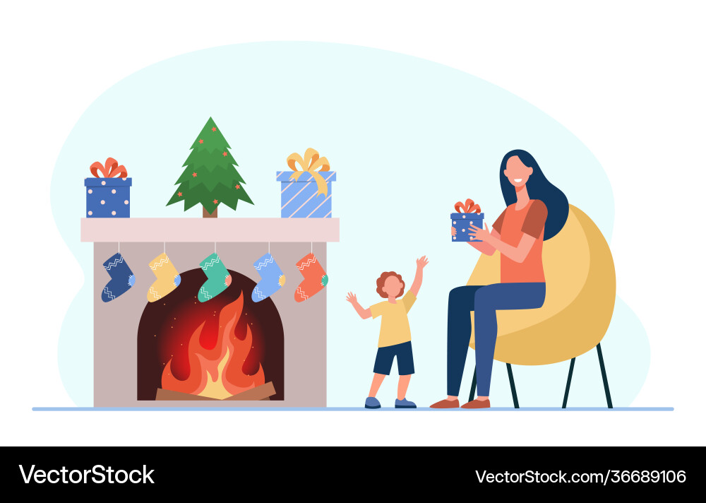 Kid and mom celebrating christmas Royalty Free Vector Image