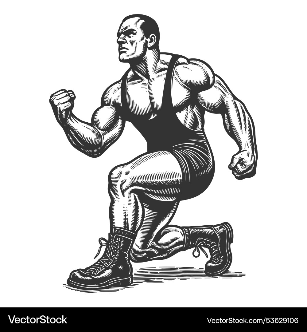 Muscular wrestler kneeling in power pose Vector Image
