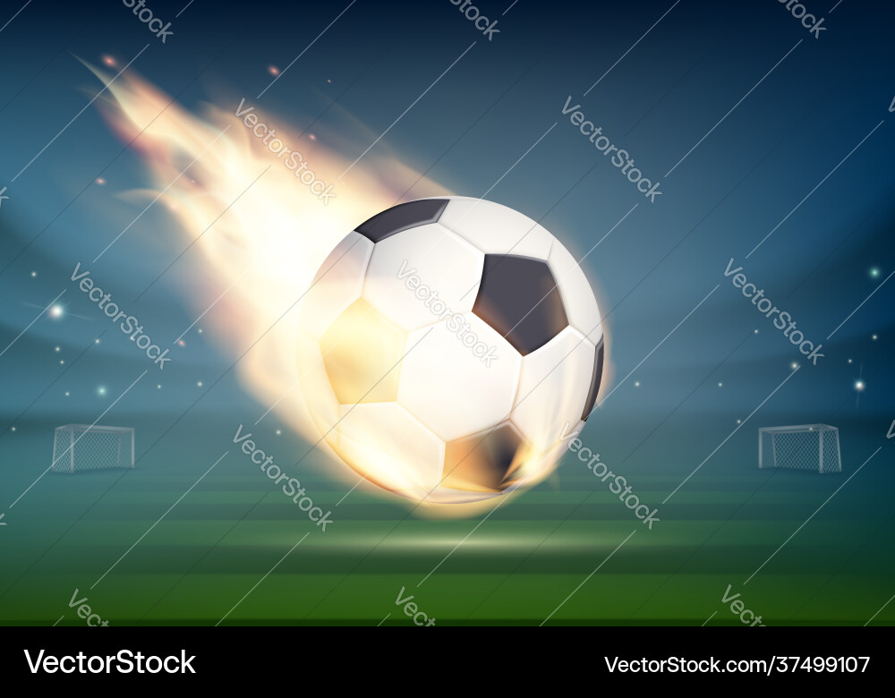 Burning soccer ball flies over stadium Royalty Free Vector