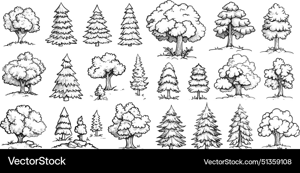 Hand-drawn forest tree icons set oak pine Vector Image