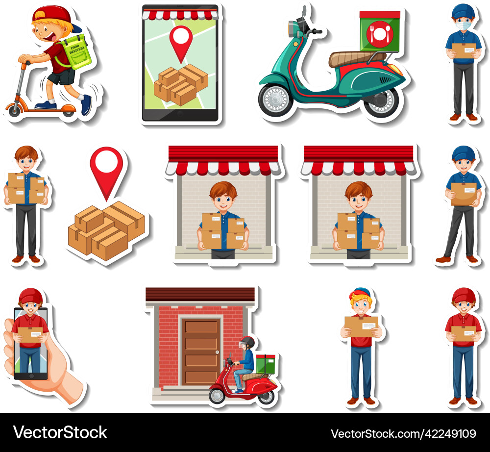 Sticker set of delivery objects and cartoon Vector Image