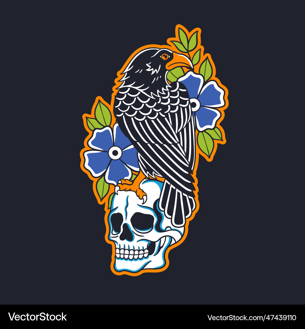 Hand drawn of crow and skull Royalty Free Vector Image
