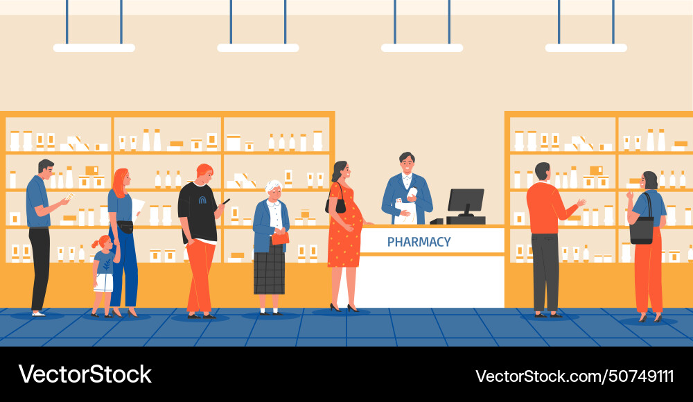 Queue in pharmacy composition Royalty Free Vector Image