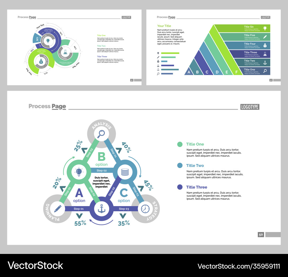 Three statistics slide templates set Royalty Free Vector
