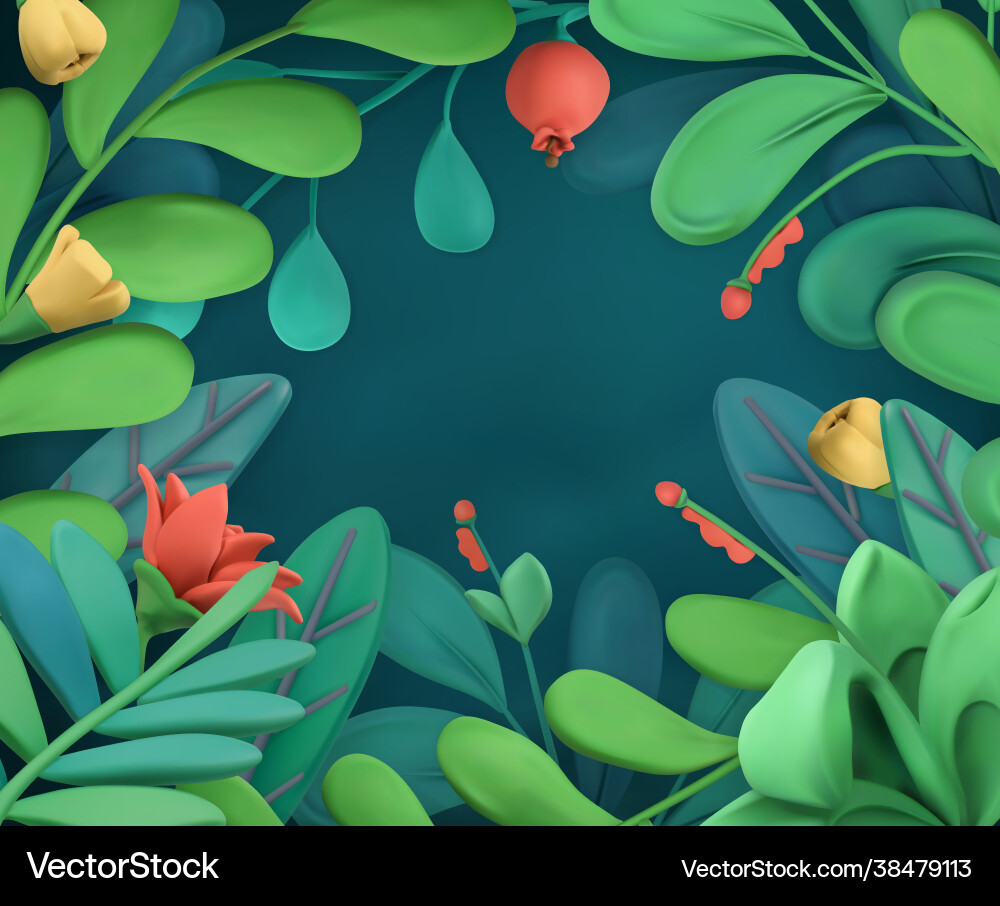 Abstract plants and flowers frame 3d plasticine Vector Image