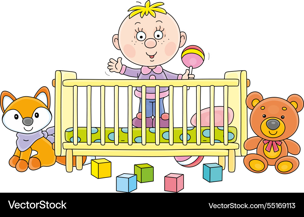 Happy little child in a small cot Royalty Free Vector Image