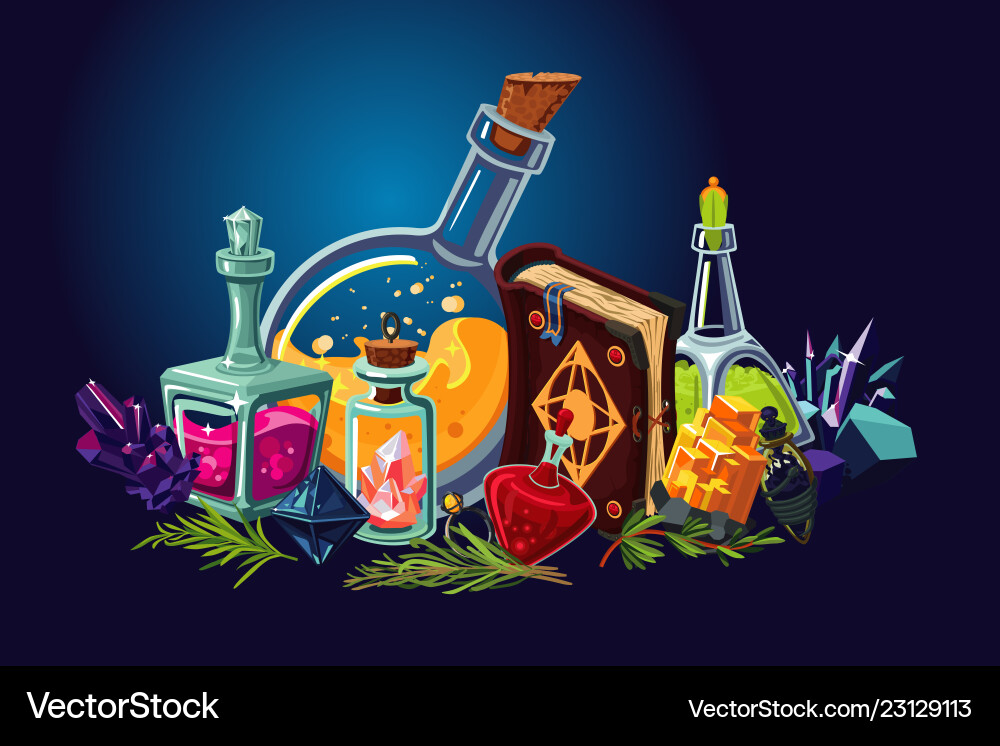 Magic lab with fantasy objects cartoon background Vector Image