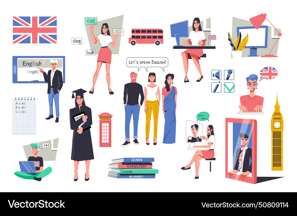 English learning flat set Royalty Free Vector Image