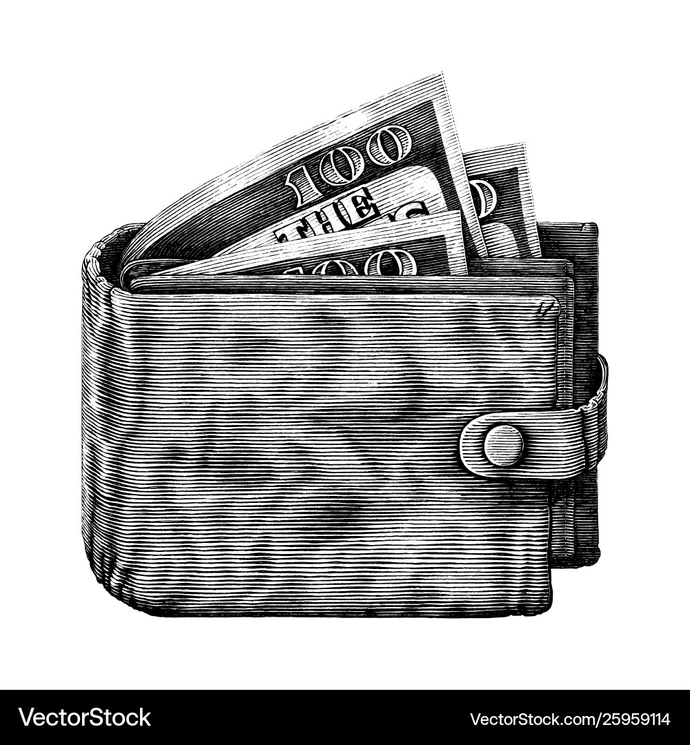 Wallet with full money hand draw vintage Vector Image