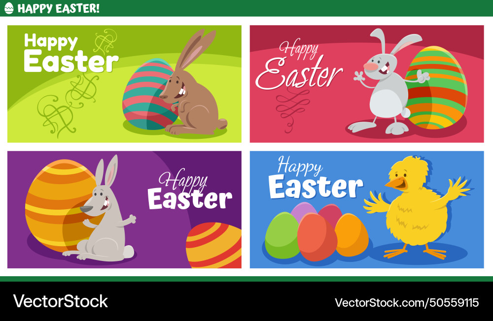 Cartoon easter bunnies and chick with painted Vector Image
