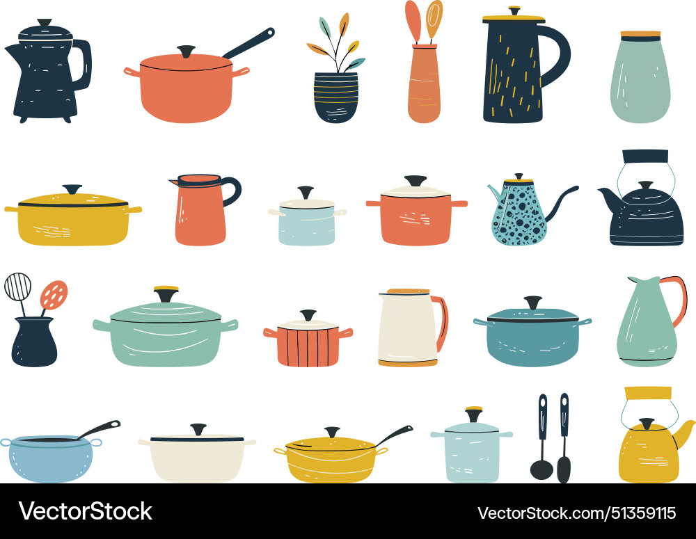 Kitchenware set pots pans kettles cooking Vector Image