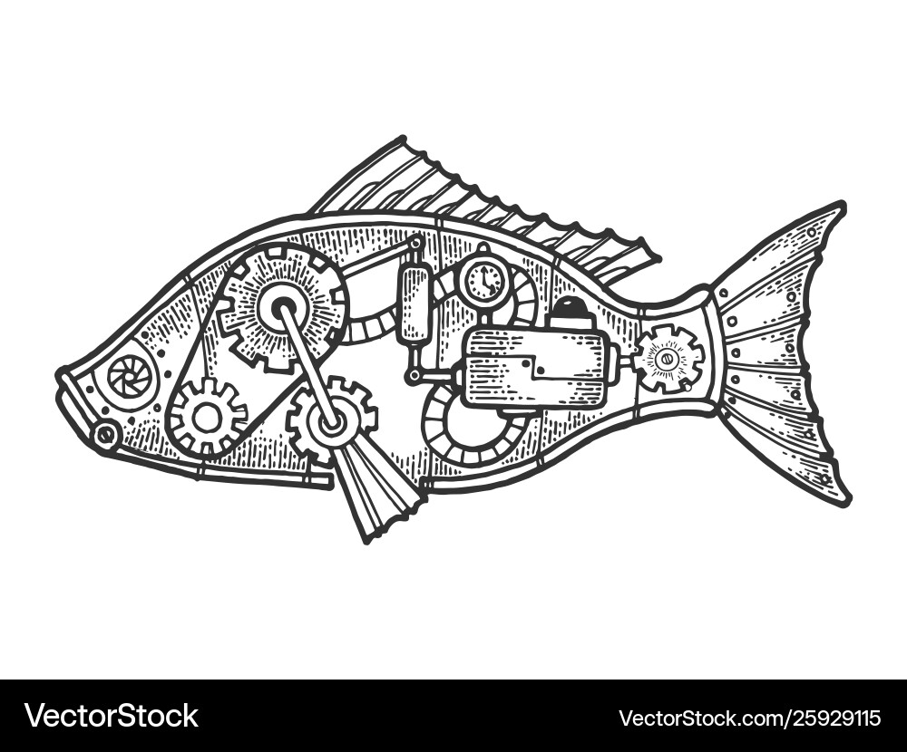 Mechanical fish animal sketch engraving Royalty Free Vector