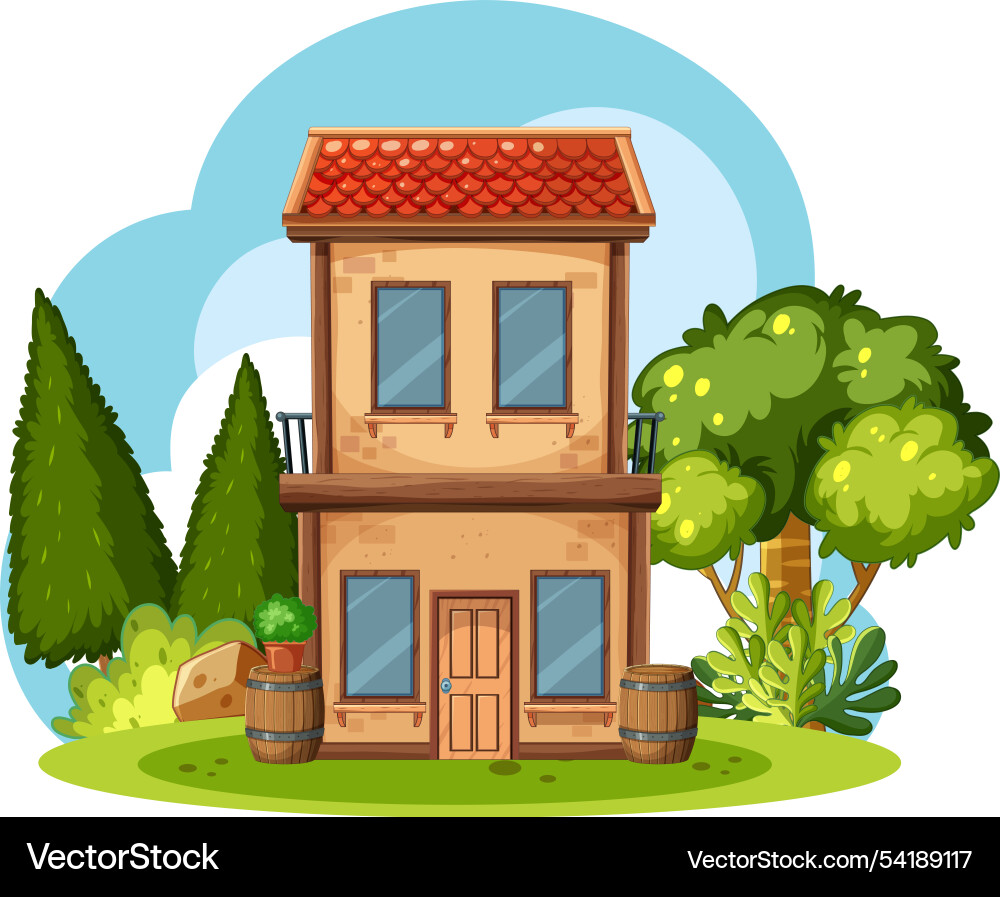Cozy house surrounded by lush greenery Royalty Free Vector