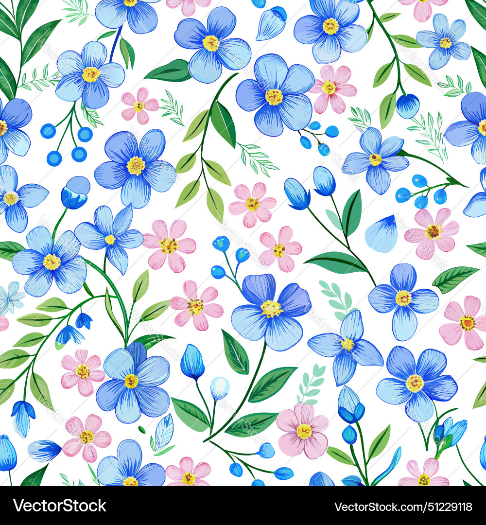 Blue spring flowers and leaves pastel seamless Vector Image