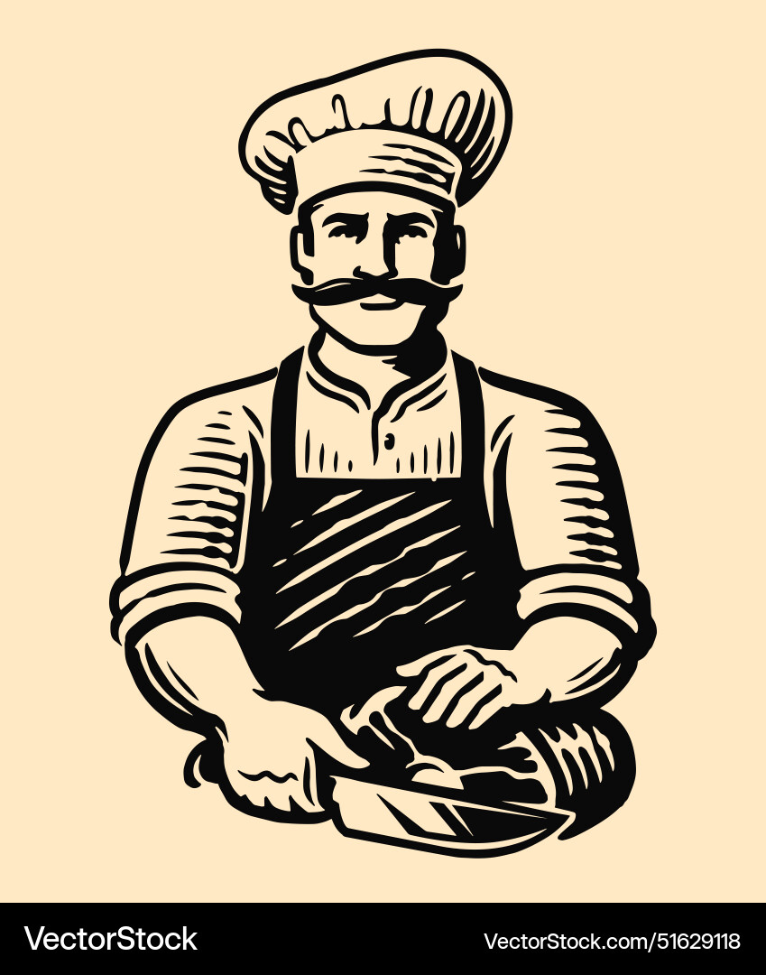 Chef butcher cuts meat with a knife emblem Vector Image