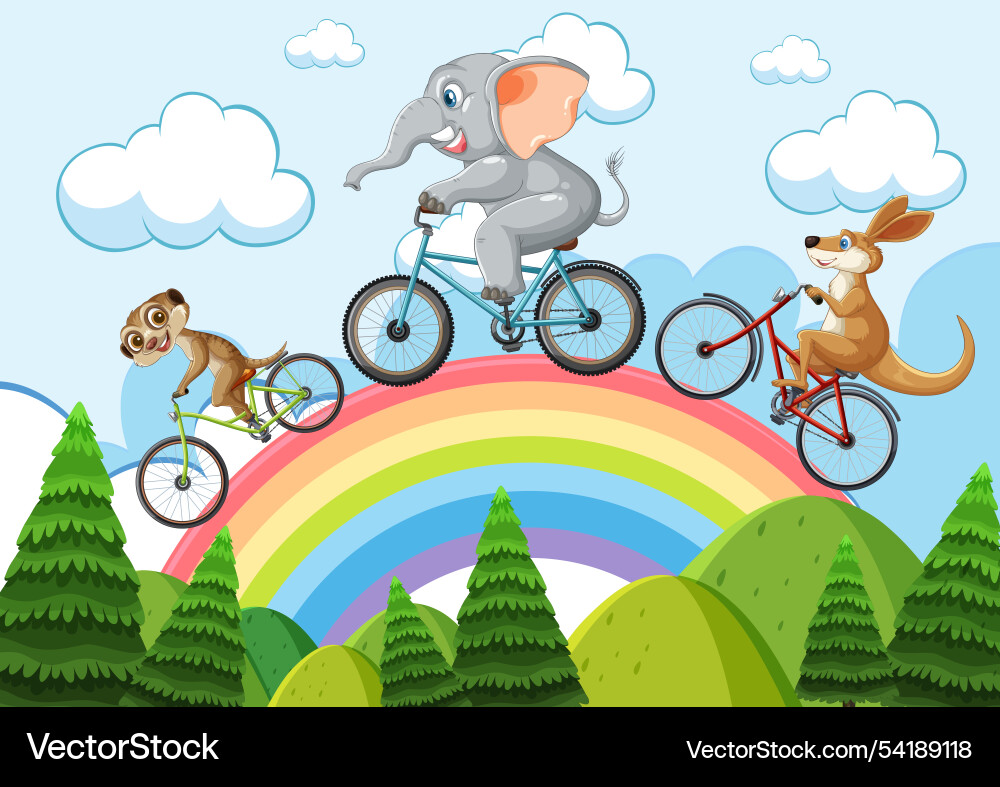 Elephant monkey and kangaroo riding bikes together