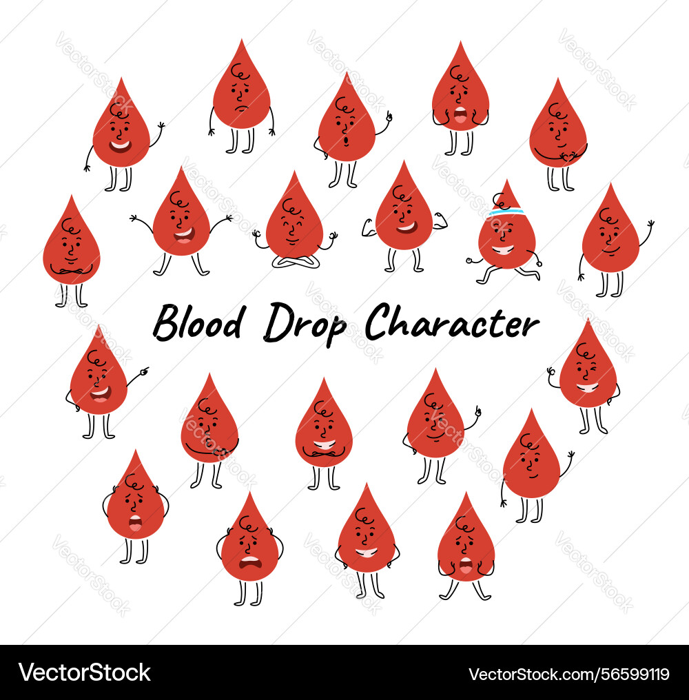 Cute blood drop character in different posses Vector Image