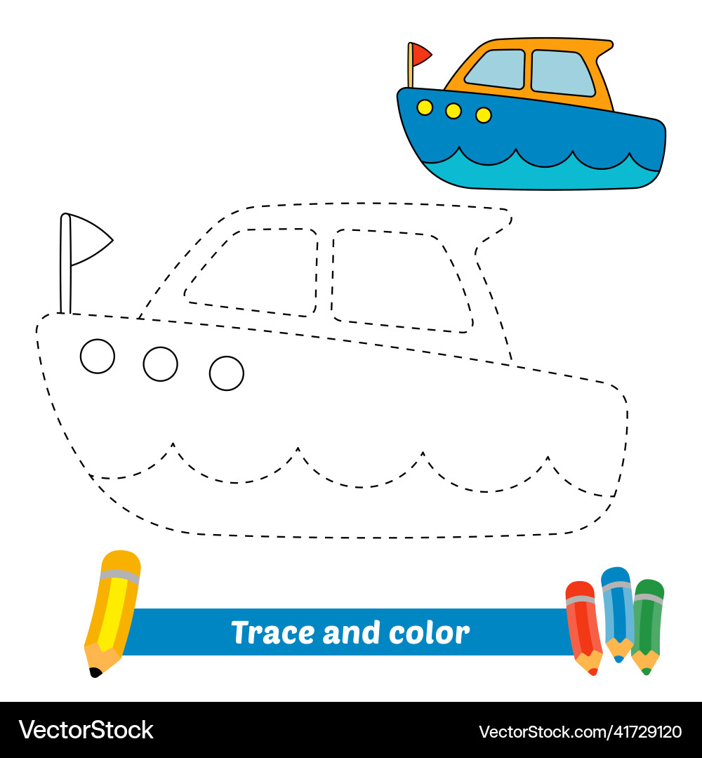 Kids Speed Boat Trace & Color Worksheet Vector Image