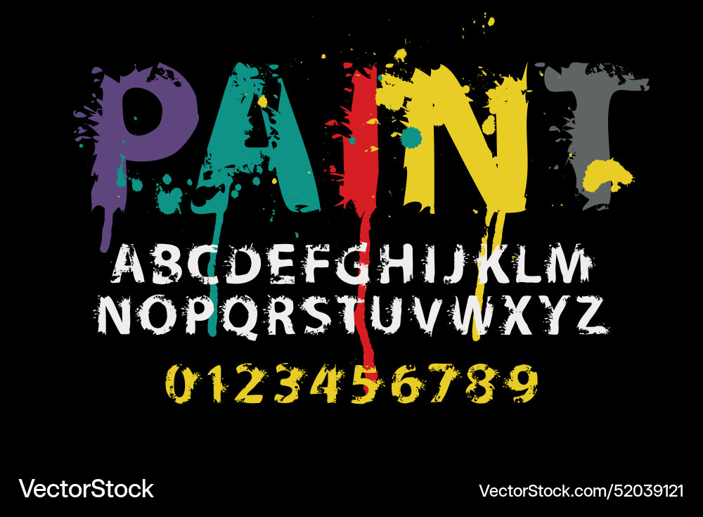 Paint grunge font with spots and drips Royalty Free Vector