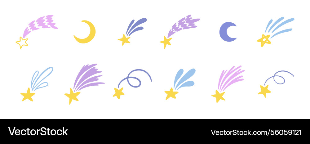 Shooting stars doodle set stars and moon isolated Vector Image