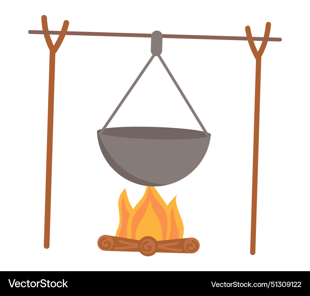 Campfire pot in flat design boiling metal Vector Image