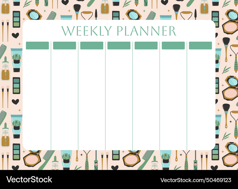 Weekly planner with cosmetics and body care Vector Image