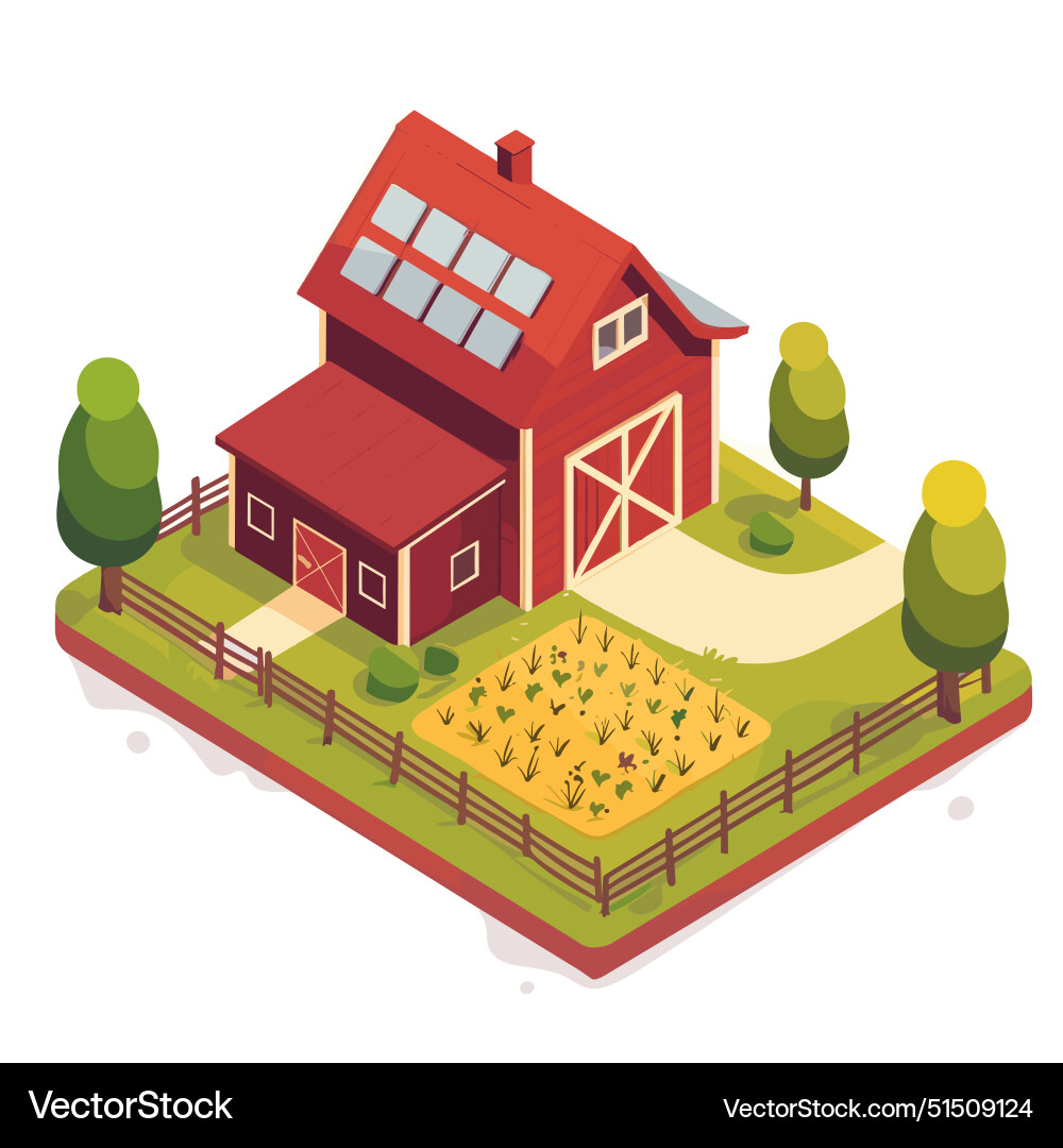 Isometric farm house surrounded greenery Vector Image