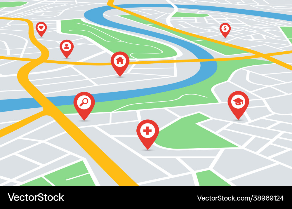 Perspective city map navigation with pin pointers Vector Image
